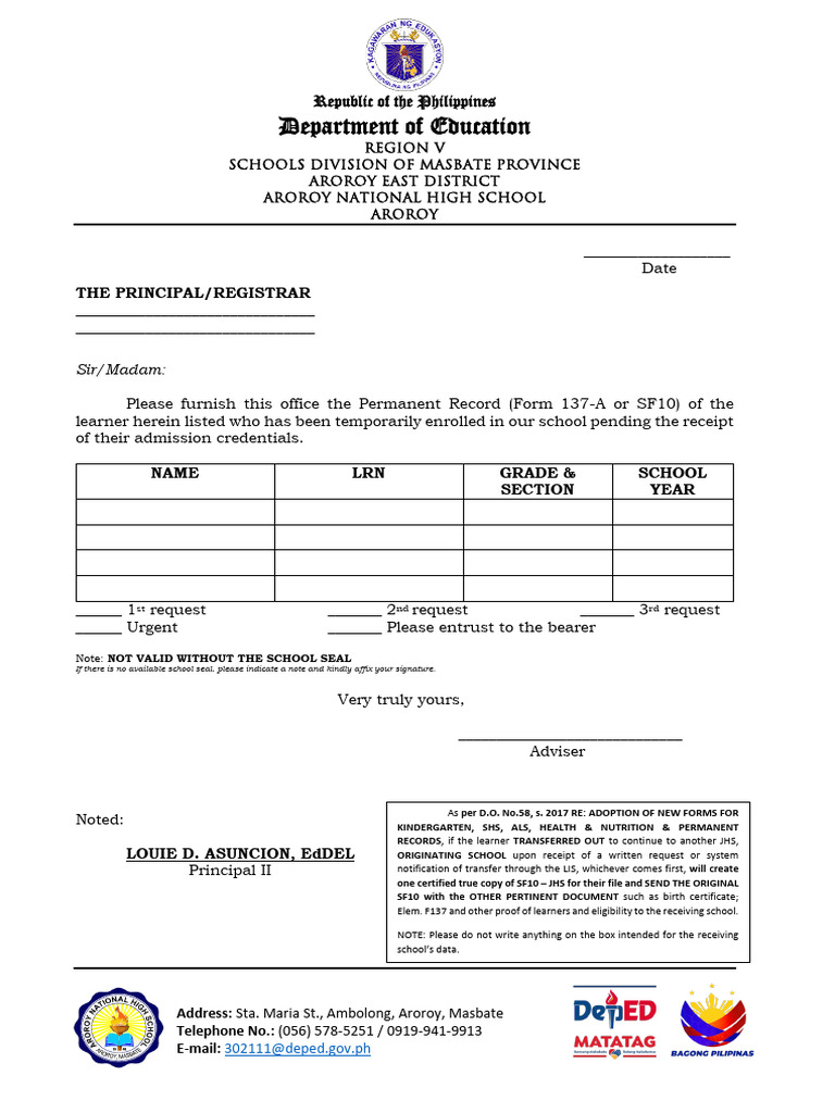 SF10 Request Form | PDF