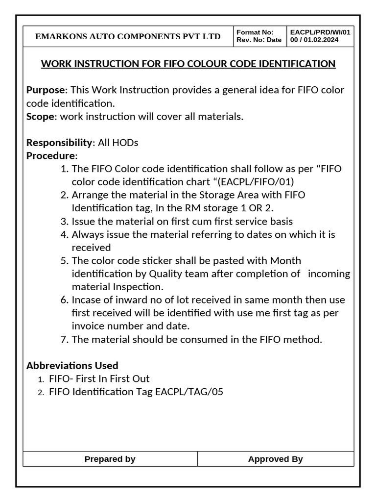 FIFO Work Instructionfor Identification of Color Code | PDF