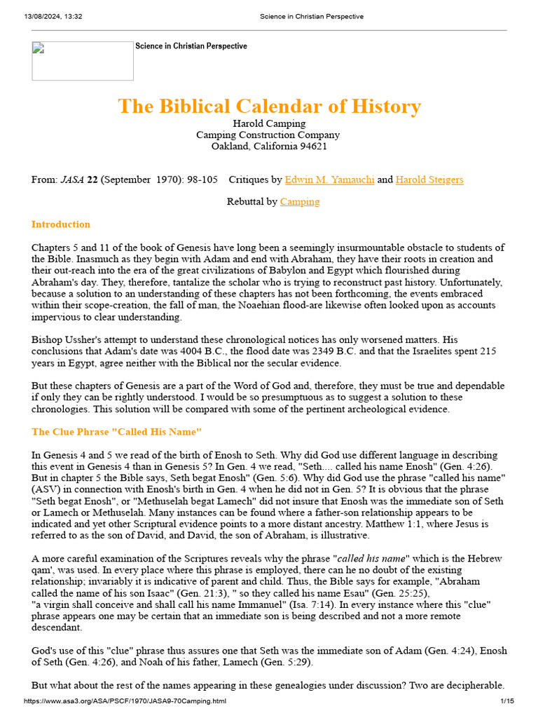 Harold Egbert Camping, The Biblical Calendar of History (1970) | PDF ...