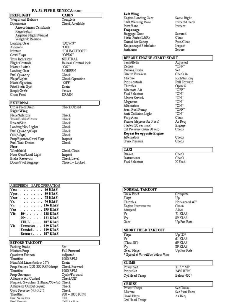 Seneca II Checklist | PDF | Flap (Aeronautics) | Landing Gear
