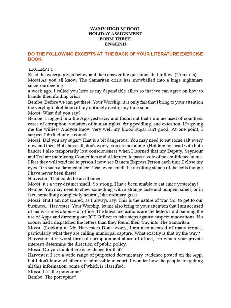 Form Three Holiday Assignment English | PDF