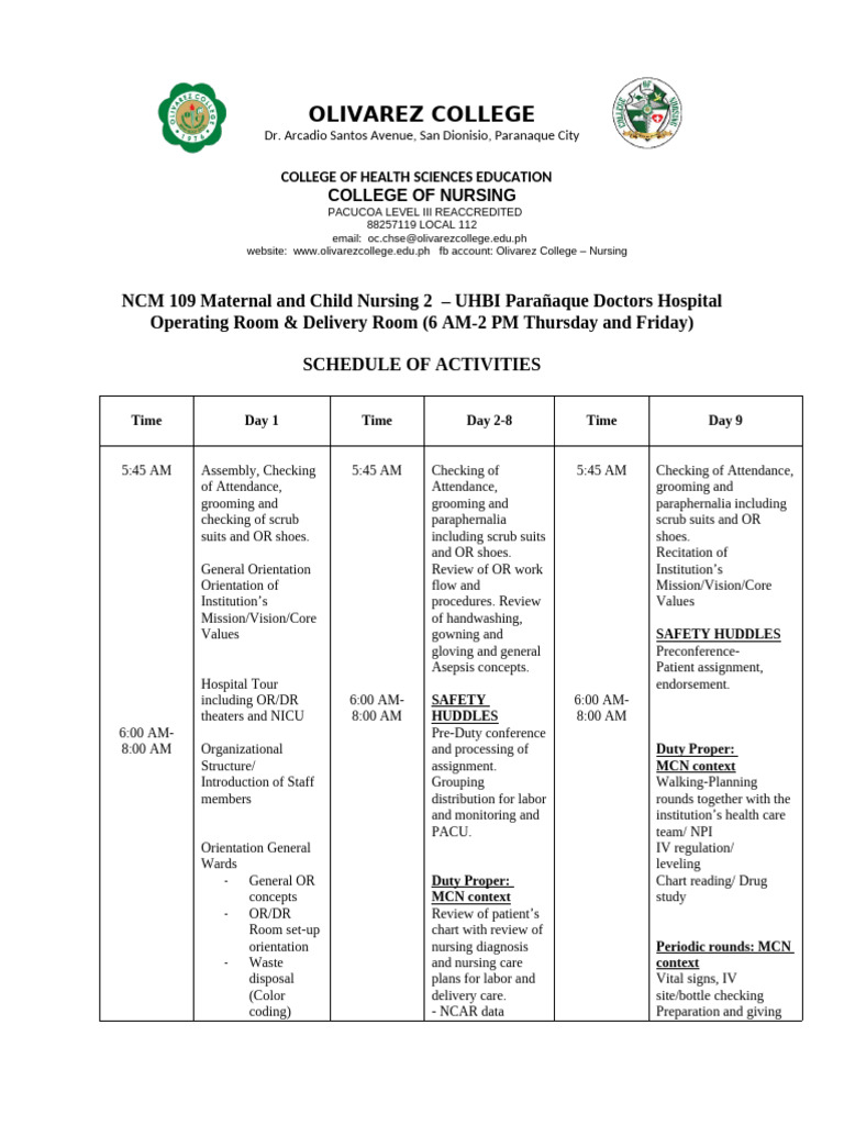 SCHEDULE OF ACTIVITIES FOR THE CLINICAL FOCUS NCM 109 PDH OR-DR Kraig Antonio | PDF | Nursing ...