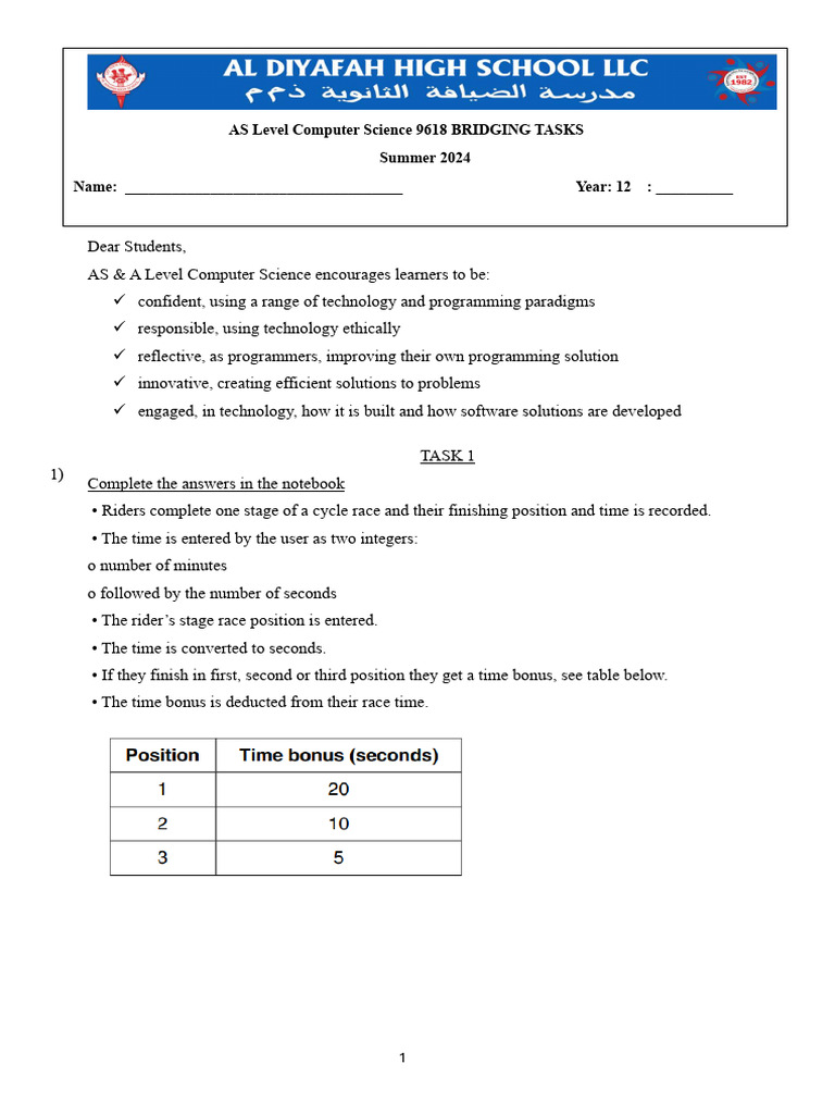 CompSc BridgeTask 24-25 | PDF