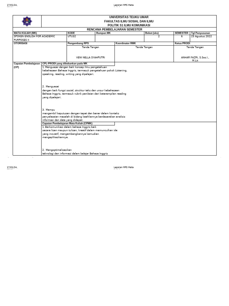 RPS Mata Kuliah Spoken | PDF