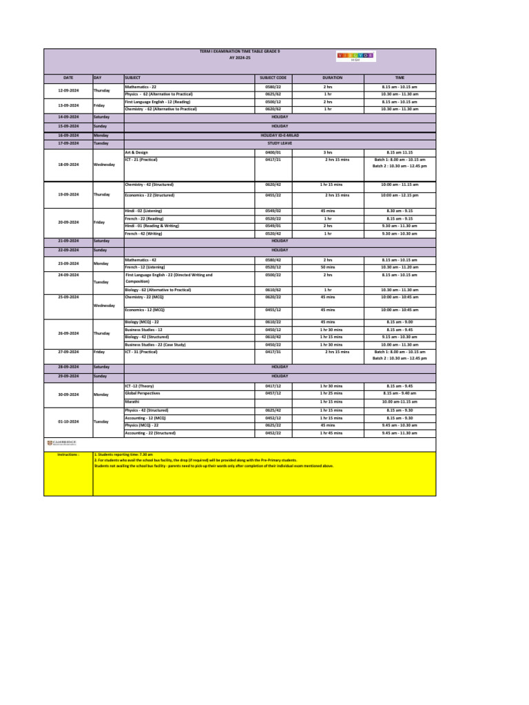 Annexure 1. A. 2 Term 1 Timetable | PDF