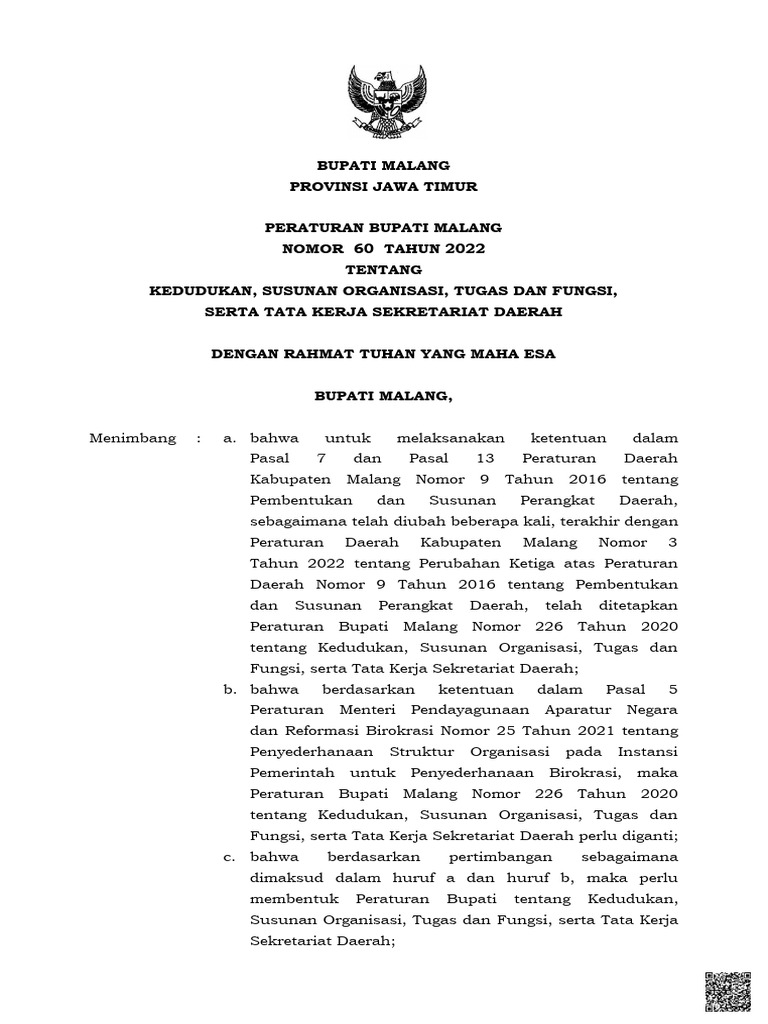 Perbup No 60 Tahun 2022 SOTK SEKDA-2 | PDF