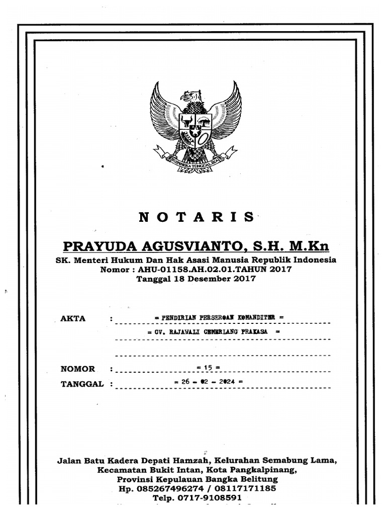 Akta Pendirian CV Rajawali Cemerlang Prakasa | PDF