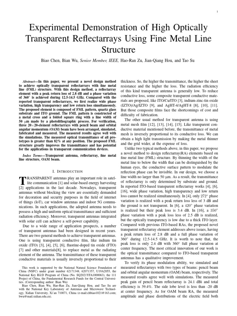 Experimental Demonstration of High Optically Transparent Reflectarrays ...