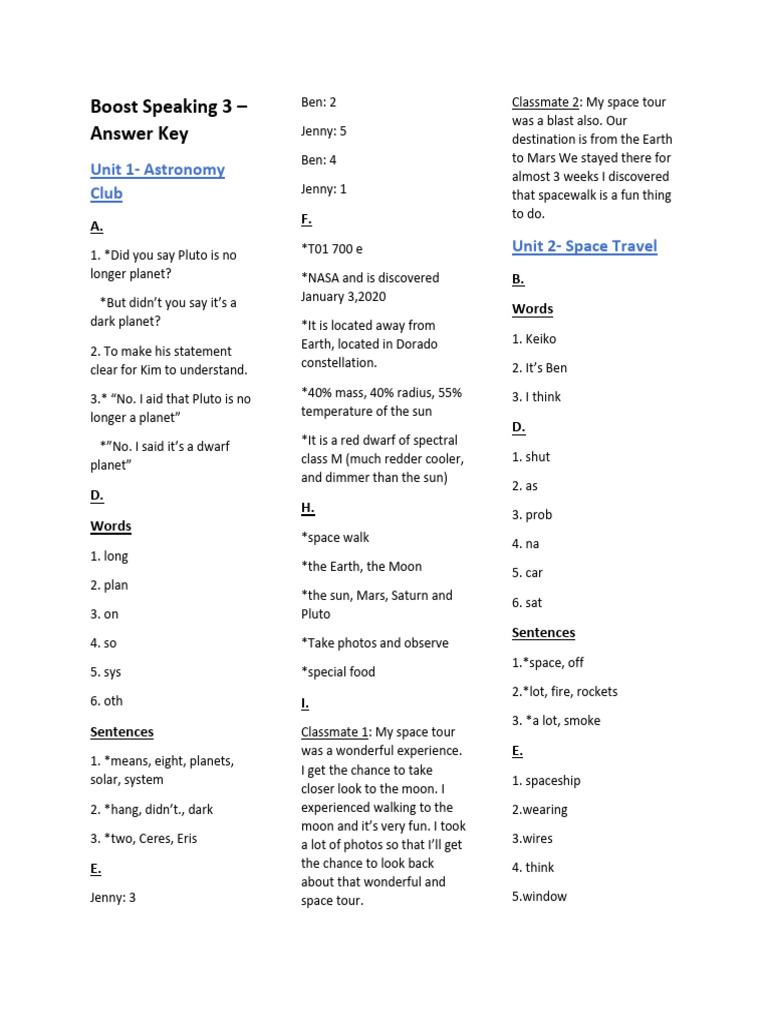 Boost Speaking 3 - Answer Key | PDF