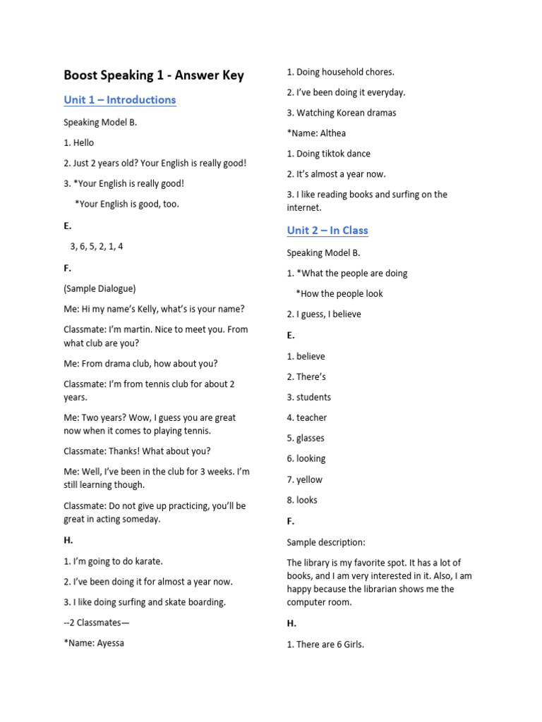 Boost Speaking 1 - Answer Key | PDF