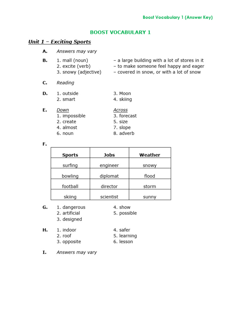 Boost Vocabulary 1 - Answer Key | PDF