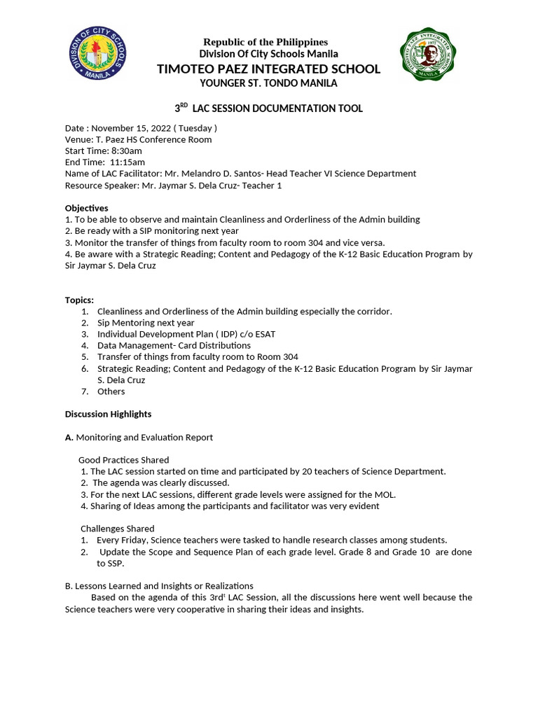 3rd - LAc Session Report-NOV. 15, 2022 | PDF