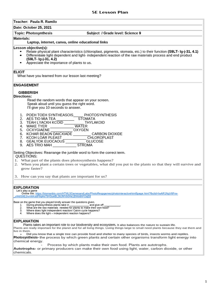 COT1 - LP - Ramilo, Paula R. Lesson - Plan - 5E - Photosynthesis | PDF | Photosynthesis | Wellness