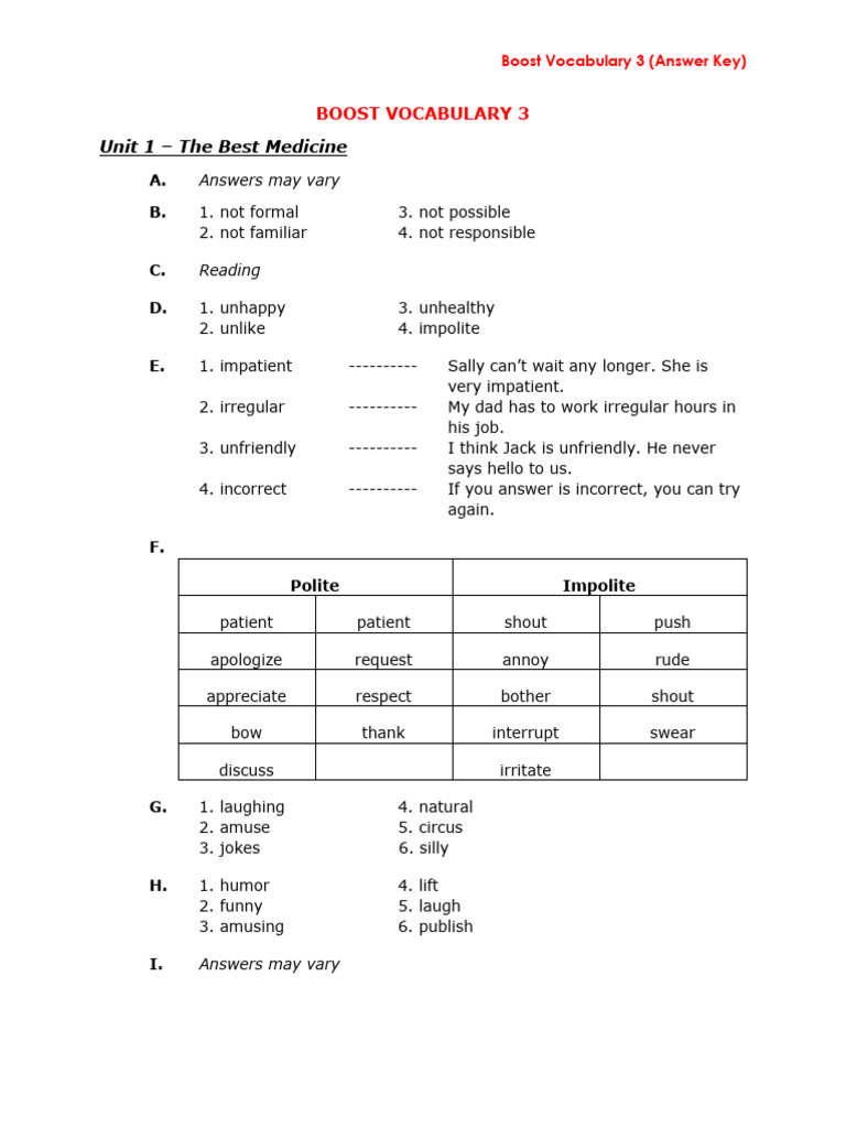 Boost Vocabulary 3 - Answer Key | PDF