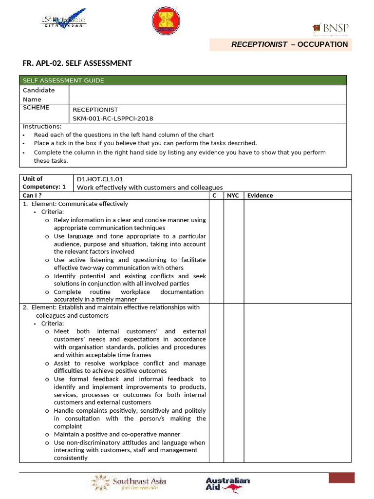 Fr. Apl-02. Self Assessment Receptionist | PDF