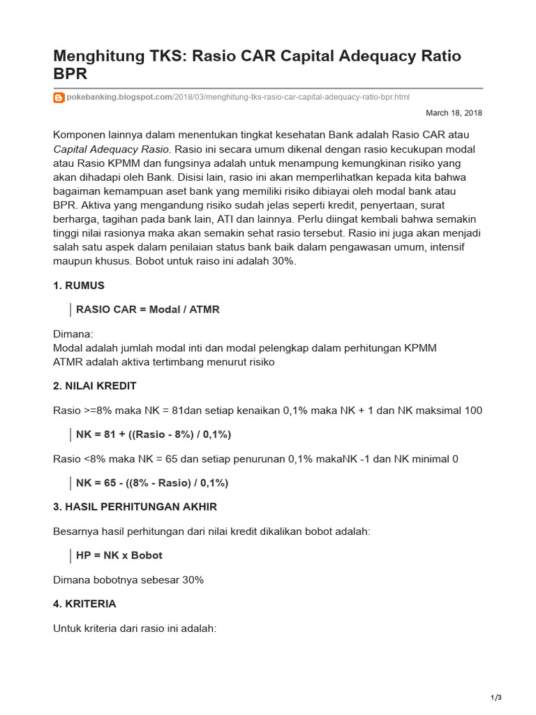 Menghitung TKS Rasio CAR Capital Adequacy Ratio BPR | PDF