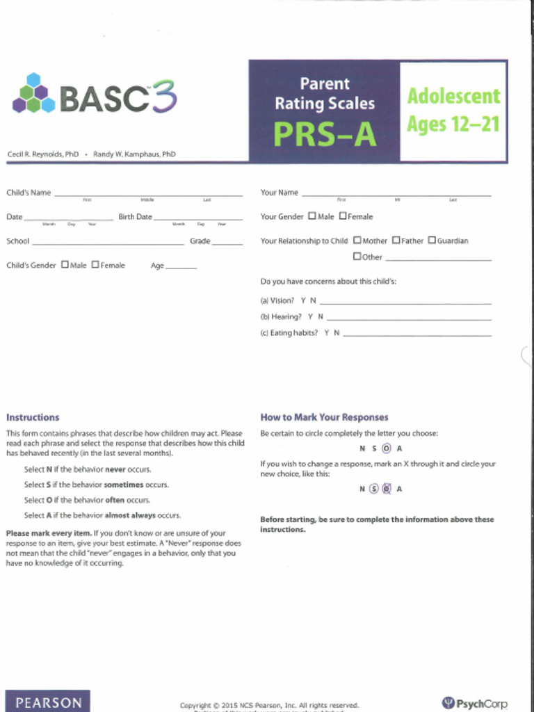 BASC 3 PARENT RATING SCALES ADOLSCENT AGES 12-21 | PDF