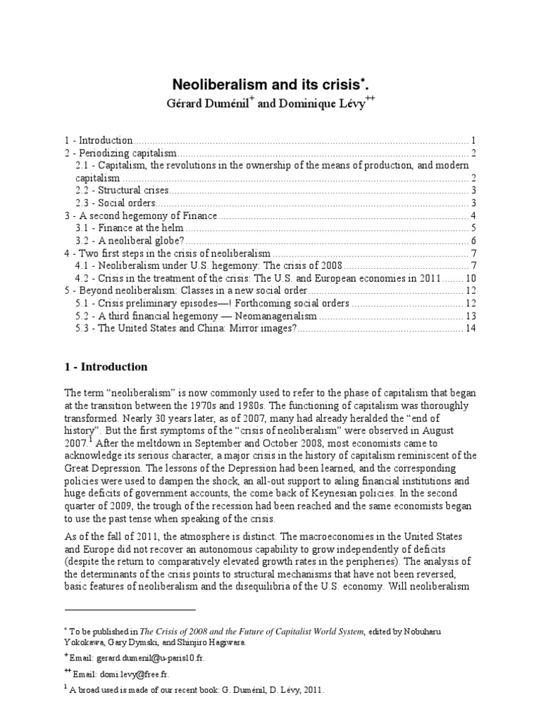 Gerard Dumenil and Dominique Levy - Neoliberalism and Its Crisis | PDF ...
