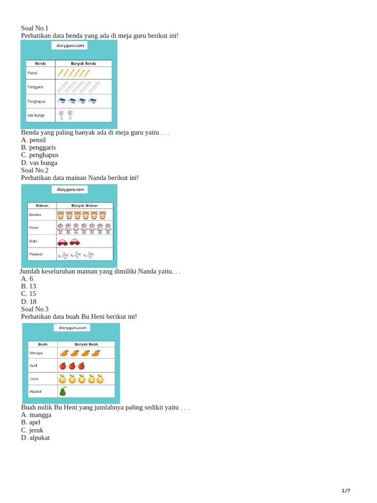Diaryguru Com Soal Matematika Kelas 4 Piktogram Dan Diagram Batang Kurikulum Merdeka | PDF