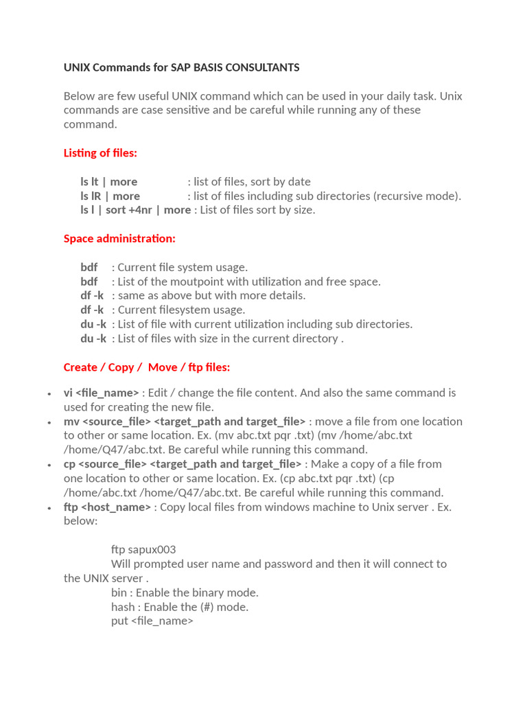UNIX Commands For SAP BASIS CONSULTANTS | PDF