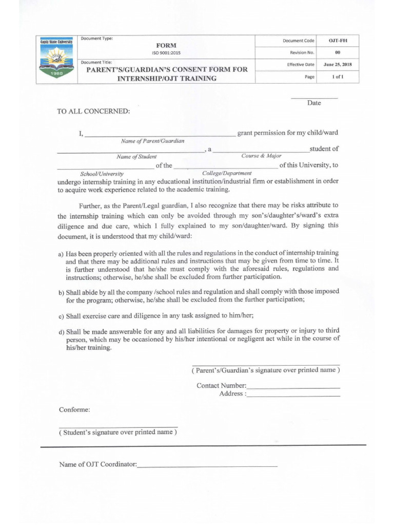 OJT Parents Consent | PDF