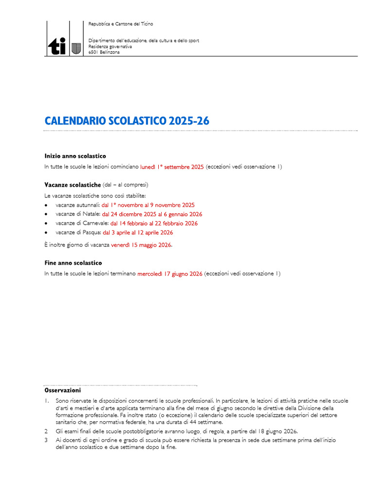Calendario Scolastico 2025-2026 | PDF