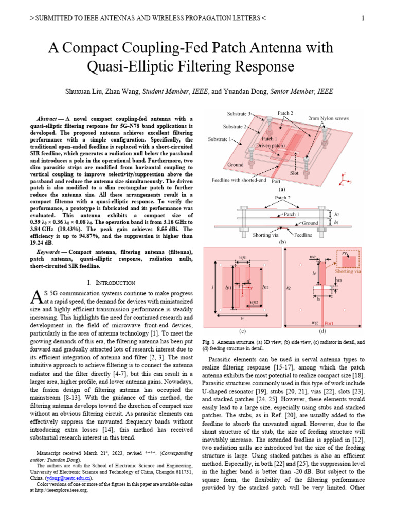 A Compact Coupling-Fed Patch Antenna With Quasi-Elliptic Filtering ...