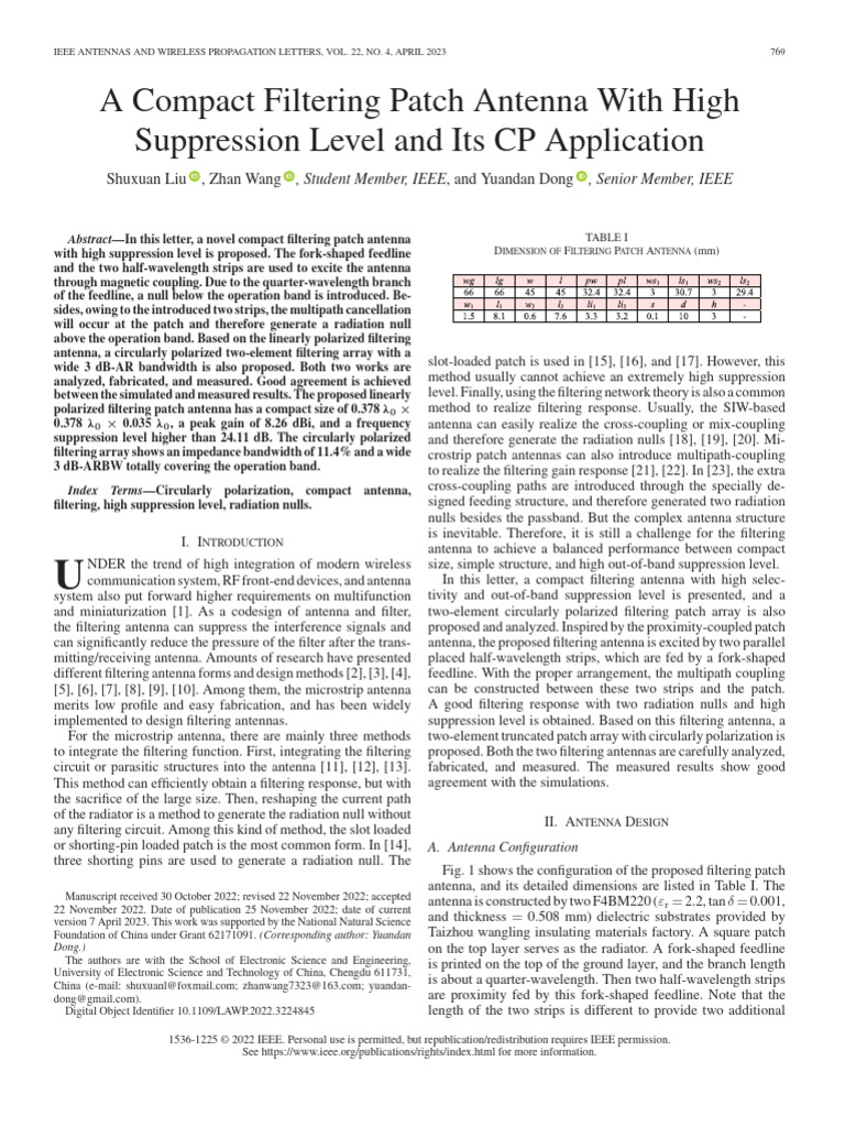 A Compact Filtering Patch Antenna With High Suppression Level and Its ...