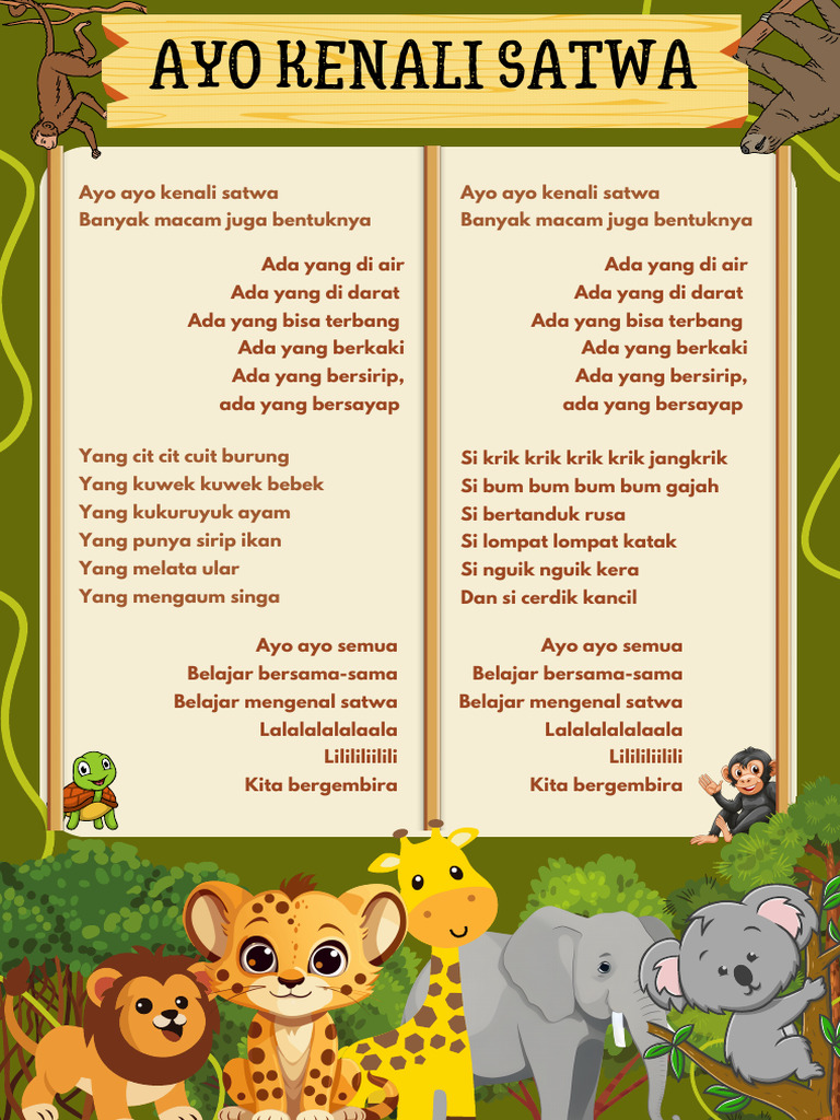 Lirik Lagu Ayo Kenali Satwa | PDF