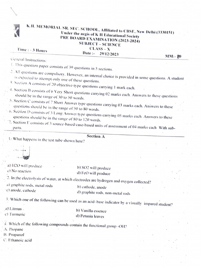 Pre - Board Science Exam Question Paper K H | PDF