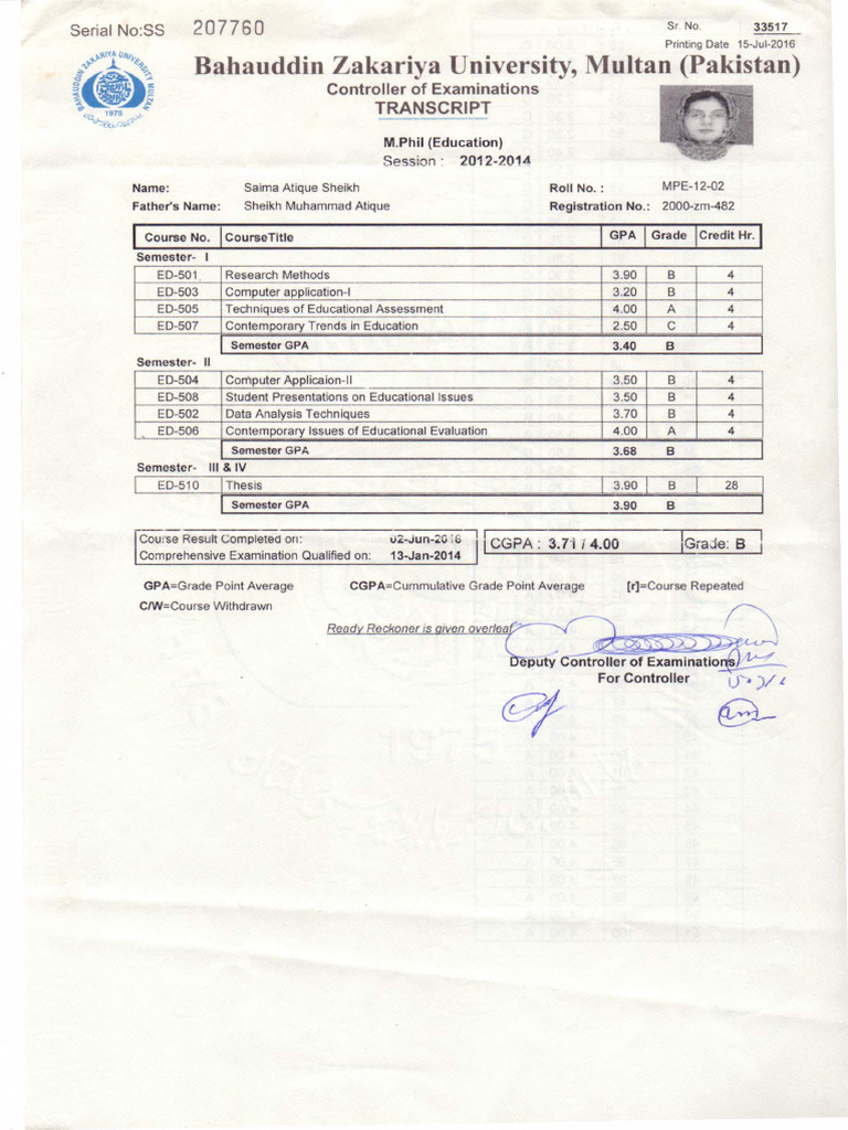 MPhil Edu Trascript | PDF