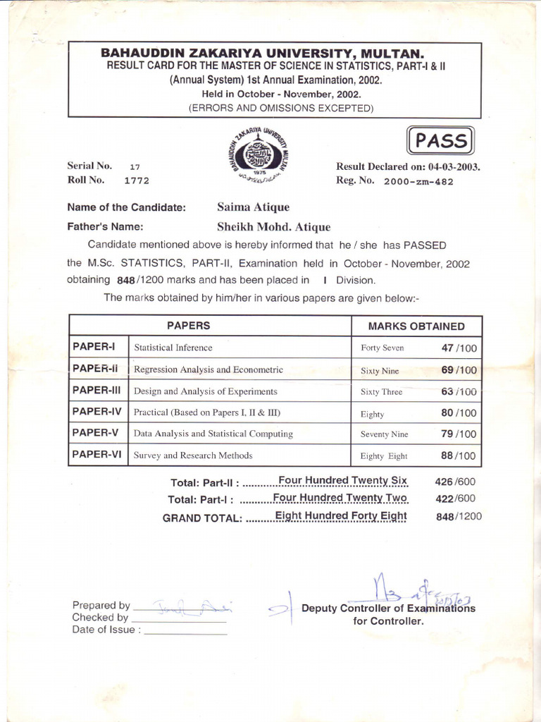 Result Card MSC Stats | PDF