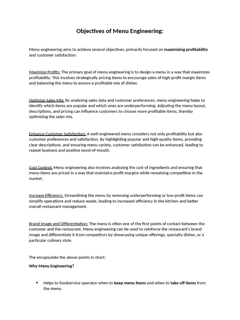 Objectives of Menu Engineering | PDF