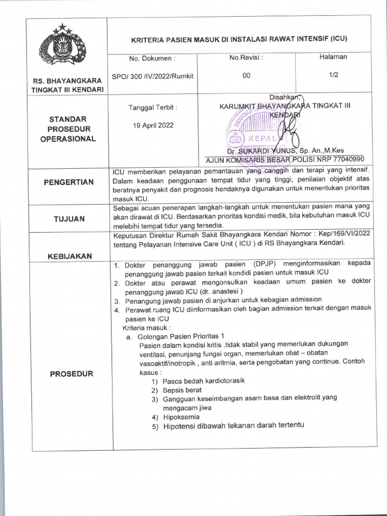 Spo Kriteria Pasien Masuk Di Instalasi Rawat Intensif Icu | PDF
