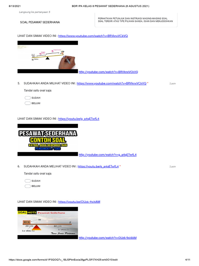 BDR IPA KELAS 8 PESAWAT SEDERHANA (6 AGUSTUS 2021) - Google Formulir | PDF