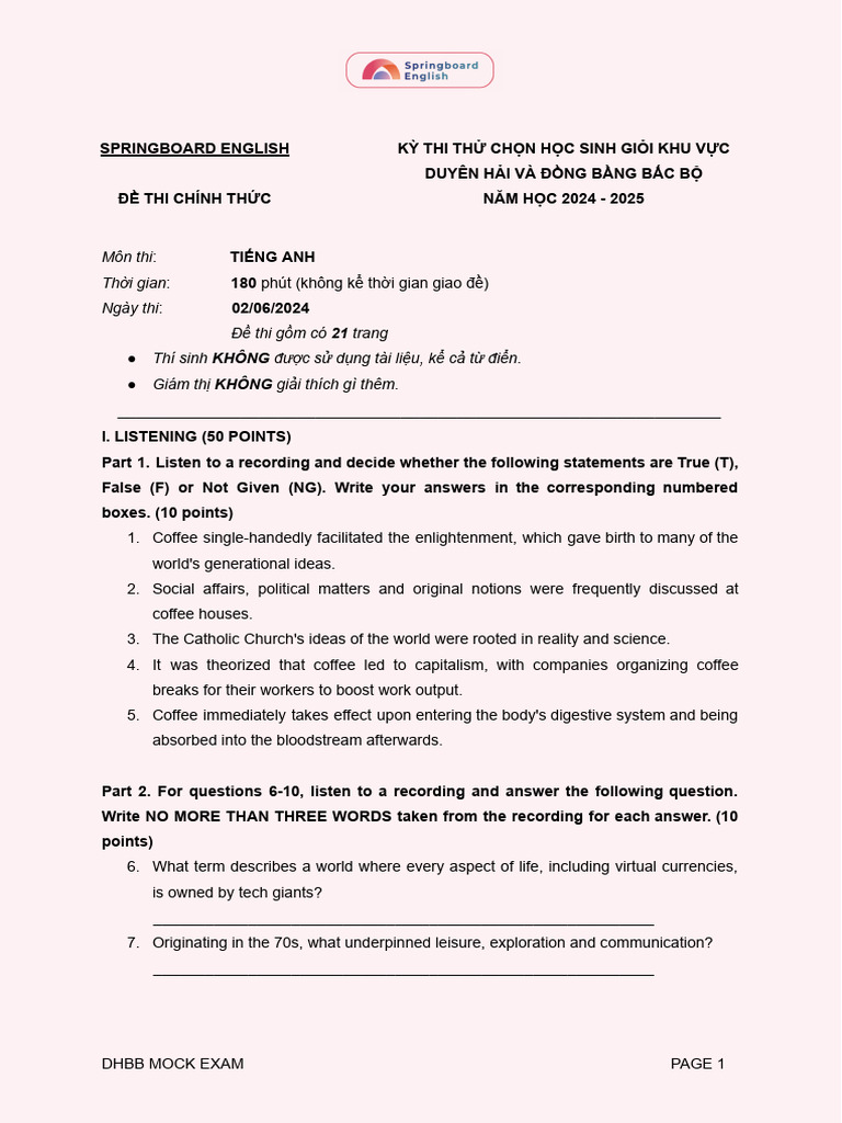 DHBB Mock Exam 02 - Question File | PDF