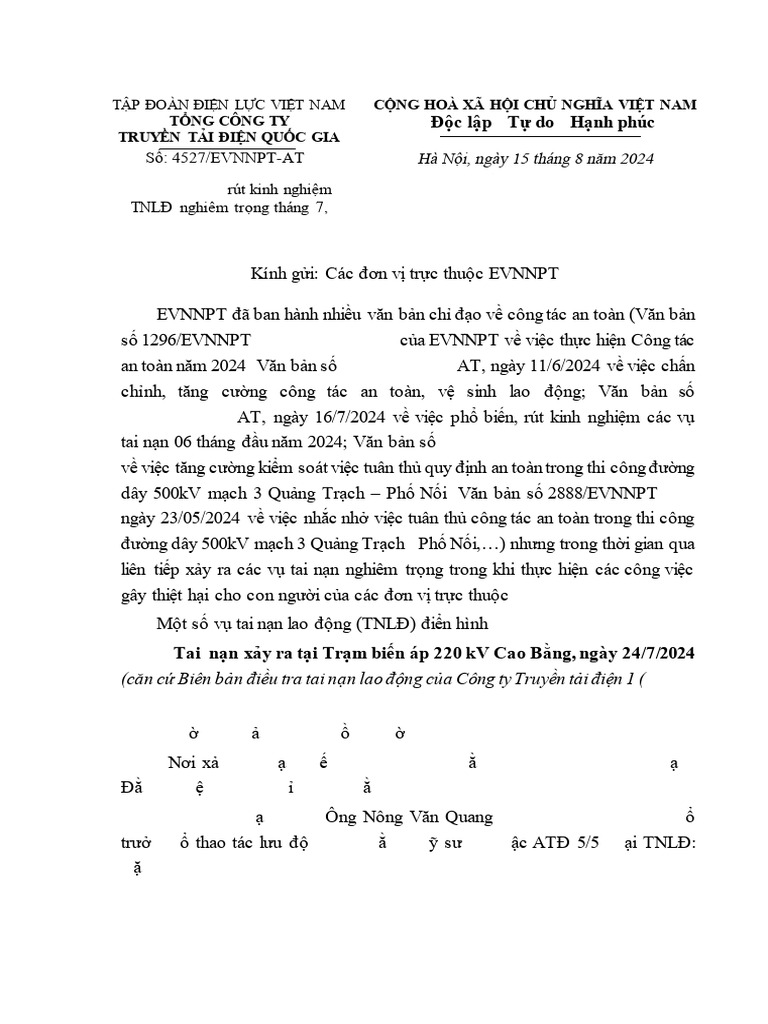 (20240815) VB Gửi Các Đơn VỊ Thông Báo Rút Kinh Nghiệm TNLĐ Nghiêm Trọng Tháng 7, 8. 2024 Trong ...