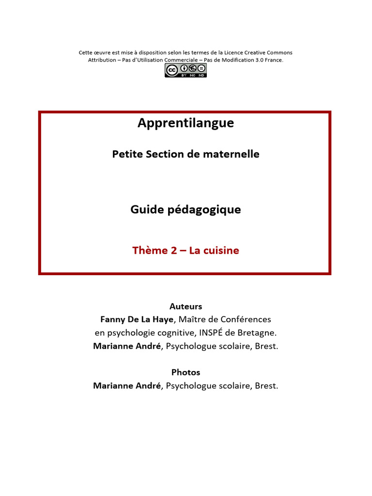 Guide Pédagogique Apprentilangue PS - Thème 2 - La Cuisine | PDF