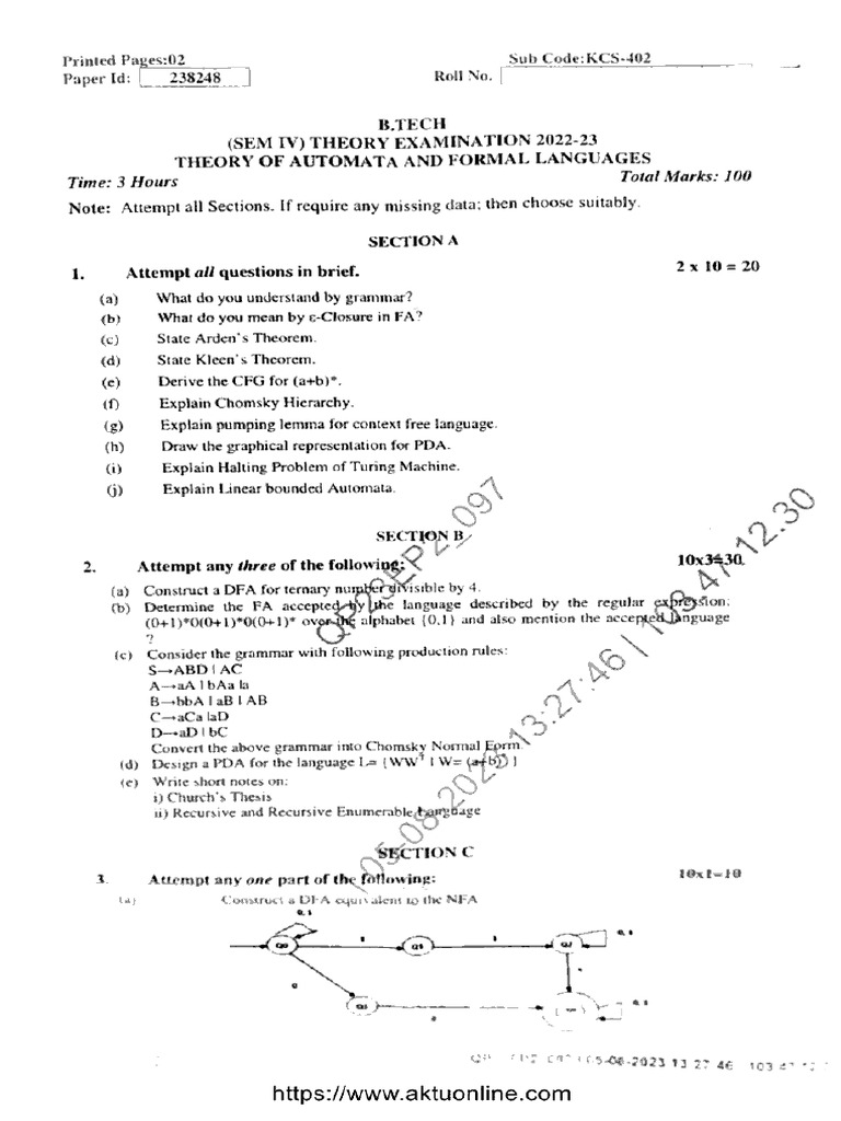 Btech Cs 4 Sem Theory of Automata and Formal Languages Kcs 402 Aug 2023 | PDF