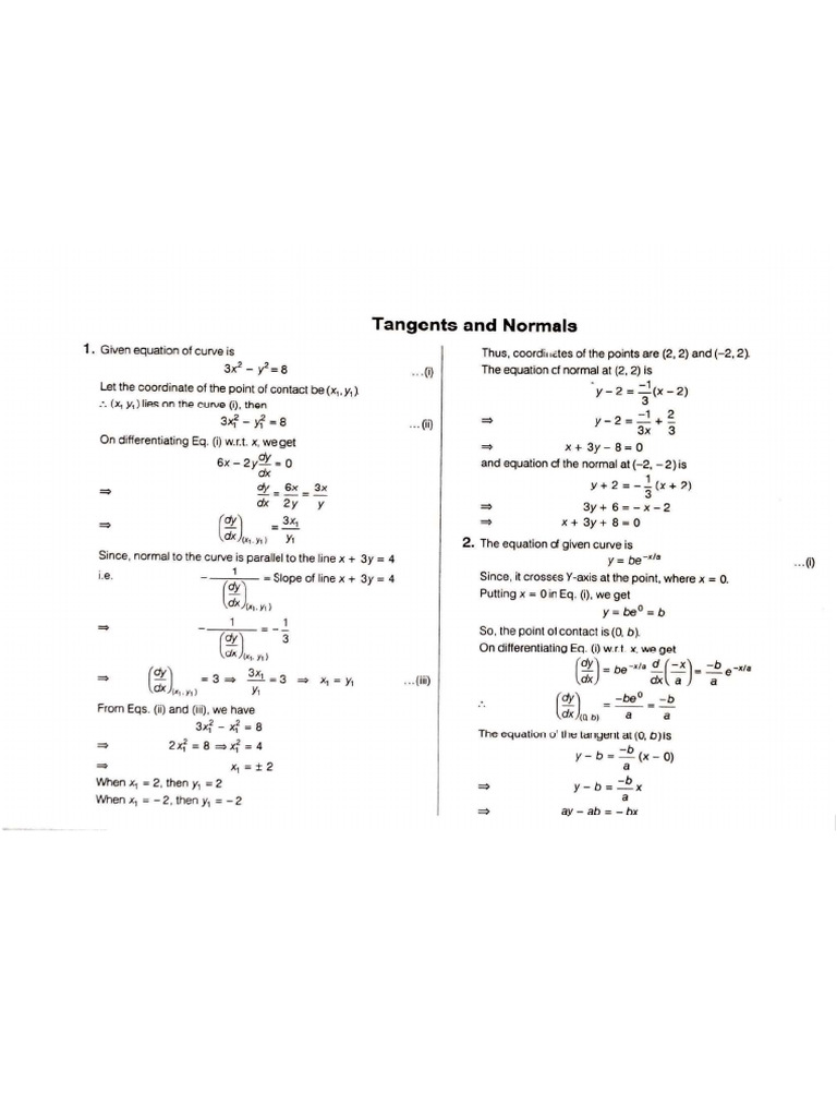 Tangents and Normals (Answer Sheet) | PDF