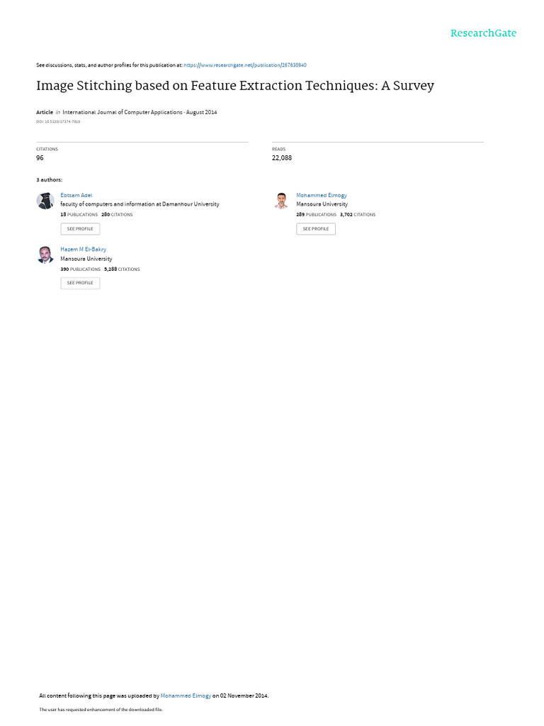 Image Stitching Based On Feature Extraction Techniques: A Survey | PDF