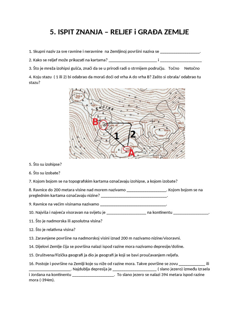 Vježba Za 5. Ispit Znanja Reljef I Građa Zemlje | PDF