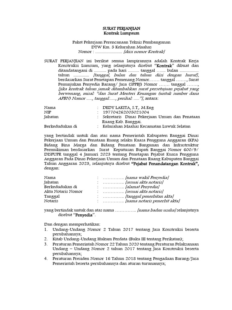 Draft Kontrak Konsultan Perencanaan DTW KM5 | PDF