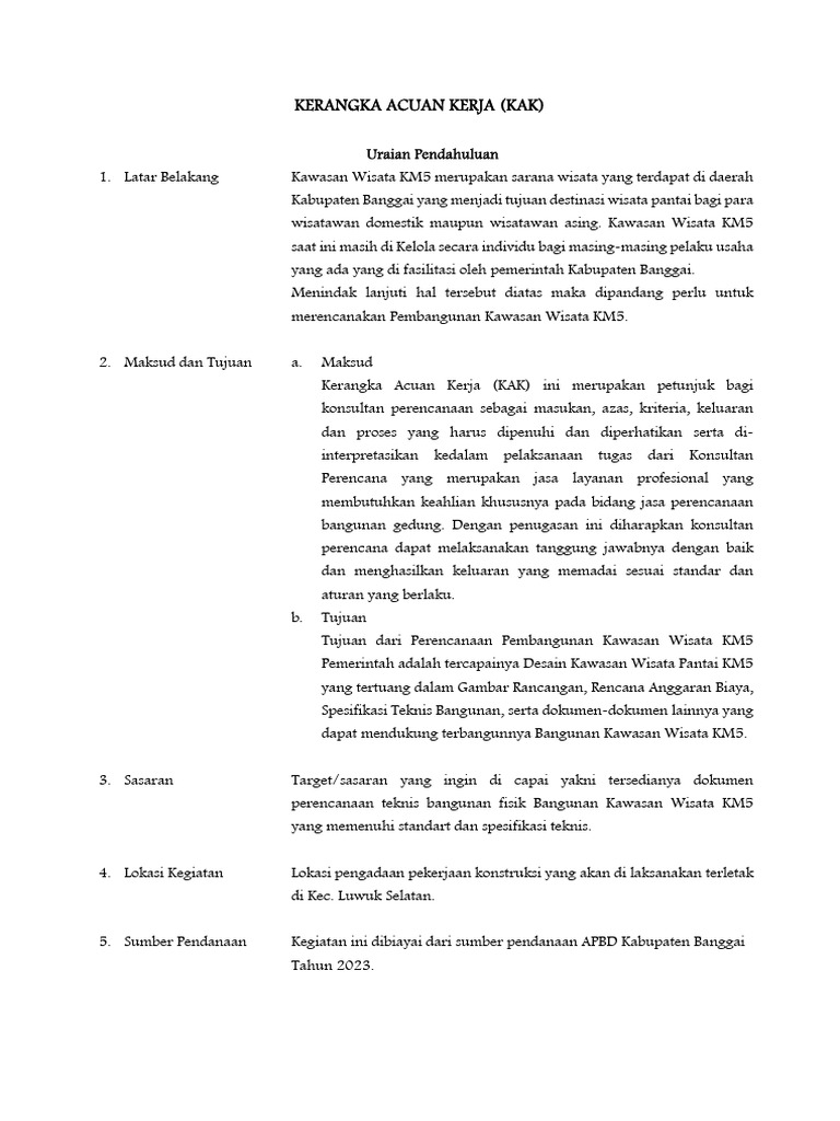 KAK Konsultan Perencanaan Kawasan Wisata KM5 | PDF