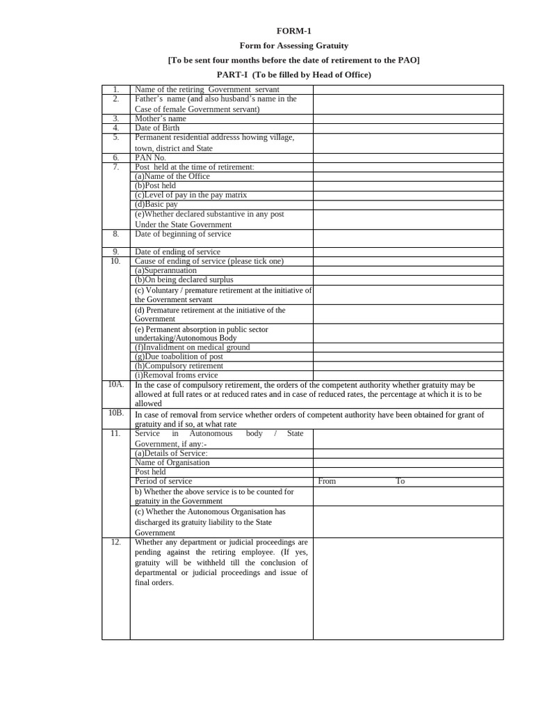 FORM-1 Form For Assessing Gratuity (To Be Sent Four Months Before The ...