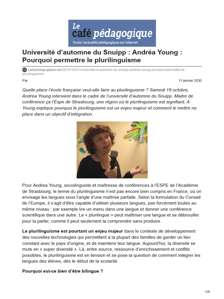 Université Dautomne Du Snuipp Andréa Young Pourquoi Permettre Le Plurilinguisme | PDF