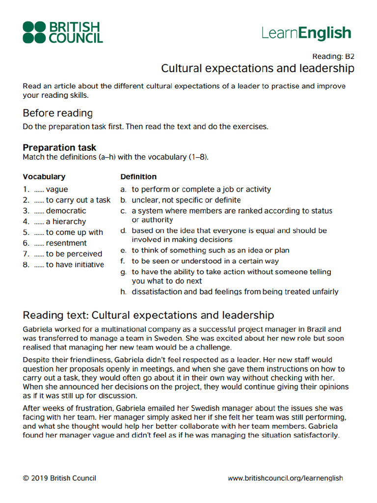 LearnEnglish Reading B2 Cultural Expectations and Leadership | PDF