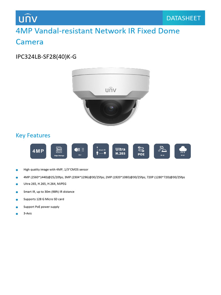 UNV IPC324LB-SF28 (40) K-G 4MP Vandal-Resistant IR Fixed Dome IP Camera 230195 | PDF