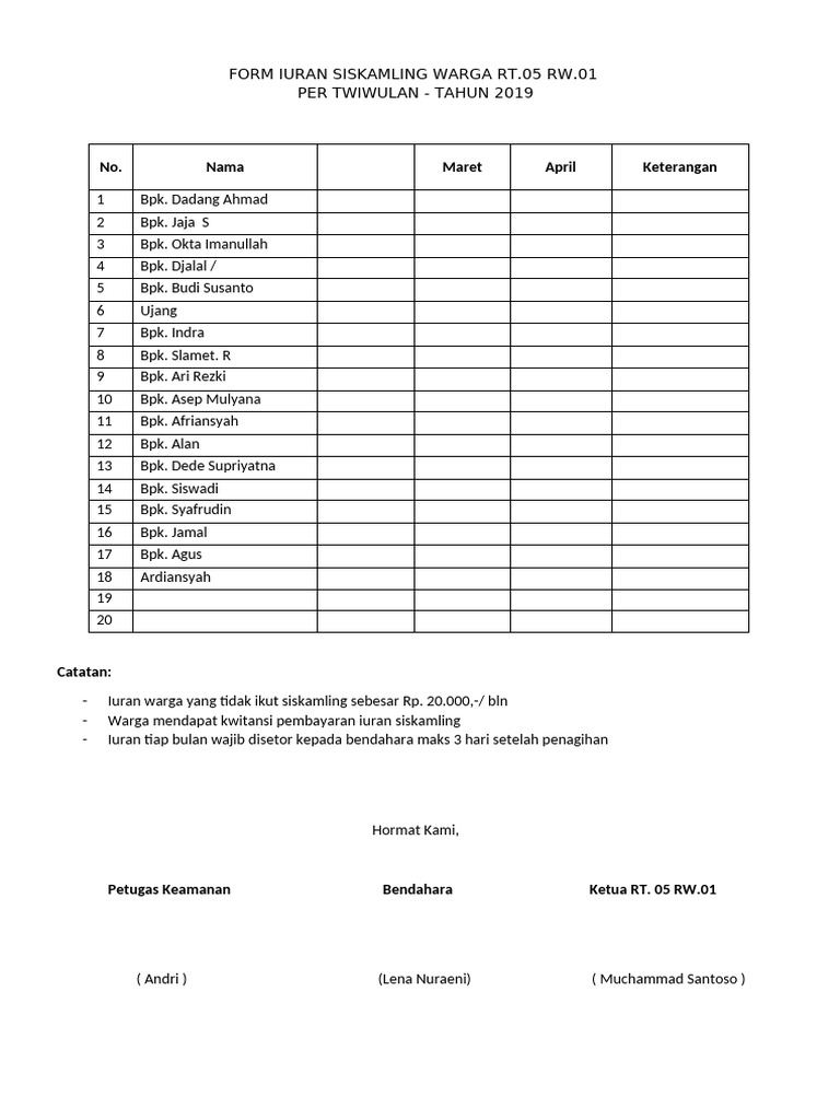 Form Iuran Siskamling Warga 0501 | PDF