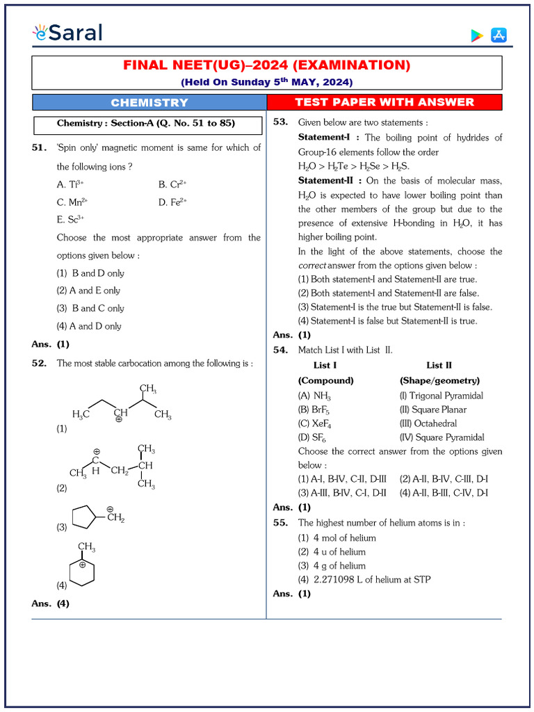 2024 Chemistry Paper With Answer-NEET PDF | PDF
